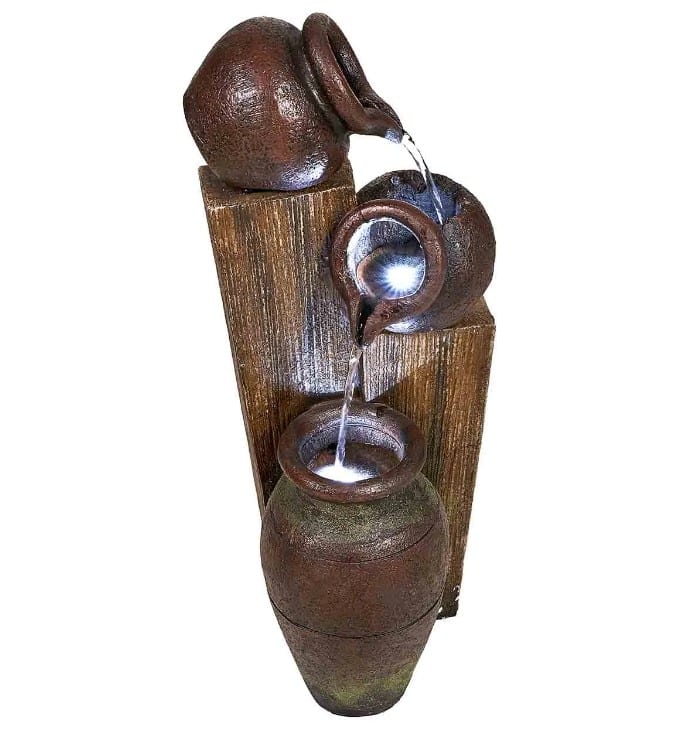 Solar Powered 3 Pots On Wood Fountain - Gordon Rigg